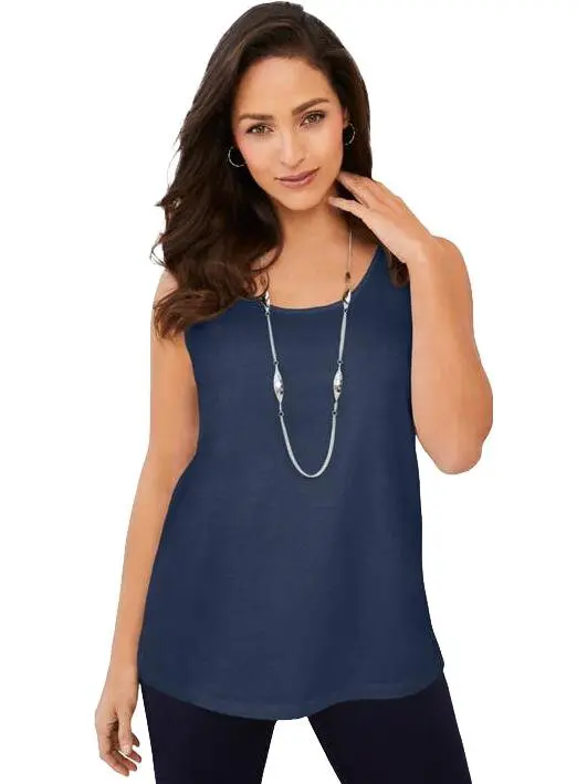 JESSICA LONDON Stretch Cotton Horseshoe Neck Tank - Navy
