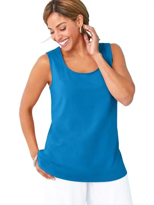JESSICA LONDON Stretch Cotton Horseshoe Neck Tank - Pool Blue