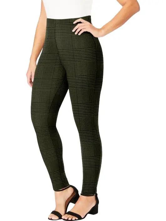 JESSICA LONDON Everyday Stretch Cotton Legging - Dark Olive Green Glen Plaid