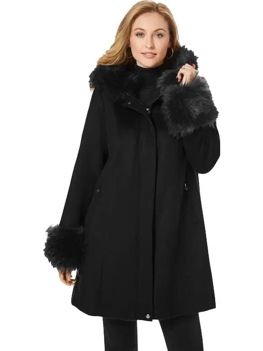 JESSICA LONDON Hooded Faux Fur Trim Coat - Black