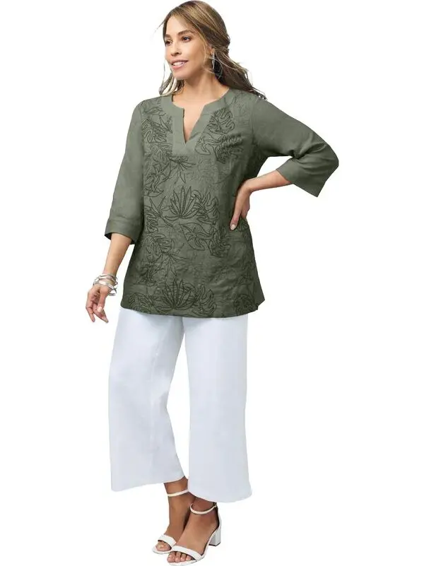 JESSICA LONDON Linen V-neck Embroidered Tunic - Olive Green Leaf Embroidery