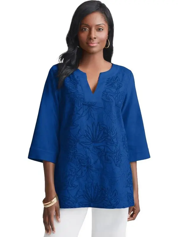 JESSICA LONDON Linen V-neck Embroidered Tunic - Sapphire Leaf Embroidery