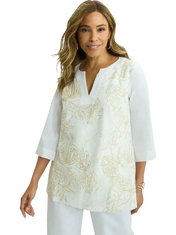 JESSICA LONDON Linen V-neck Embroidered Tunic - White Leaf Embroidery