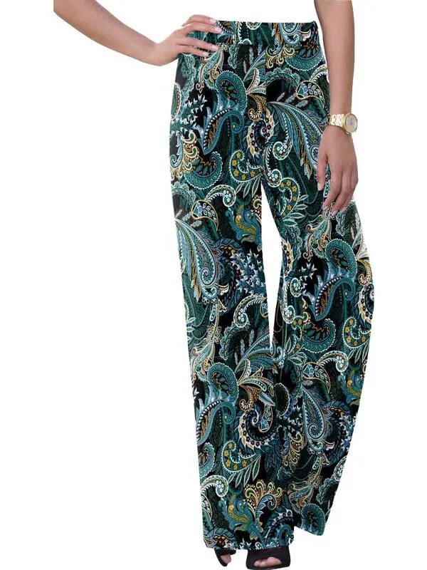 JESSICA LONDON Petite Everyday Stretch Knit Wide Leg Pant - Frost Teal Paisley