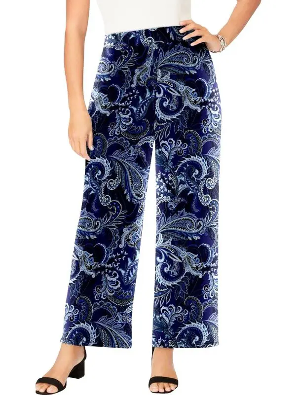 JESSICA LONDON Petite Everyday Stretch Knit Wide Leg Pant - Navy Paisley