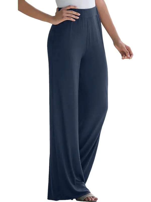 JESSICA LONDON Stretch Knit Wide Leg Palazzo Pants - Navy