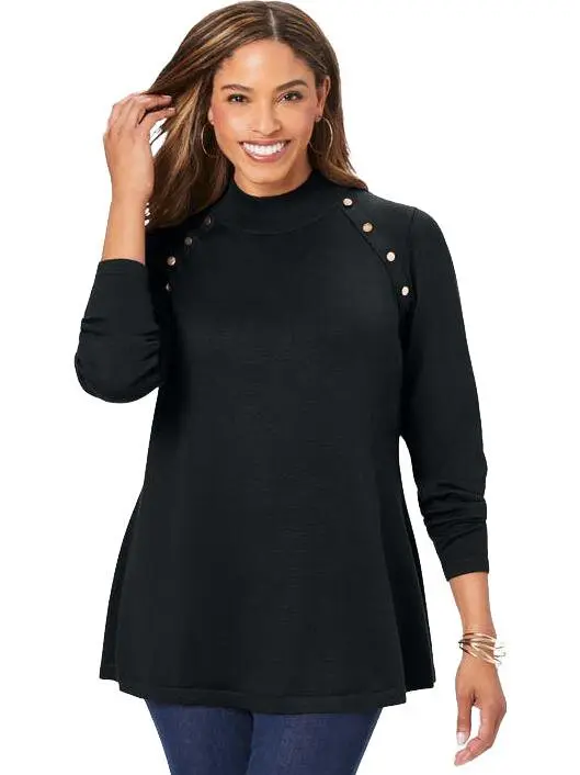 JESSICA LONDON Gold Button Mockneck Sweater - Black