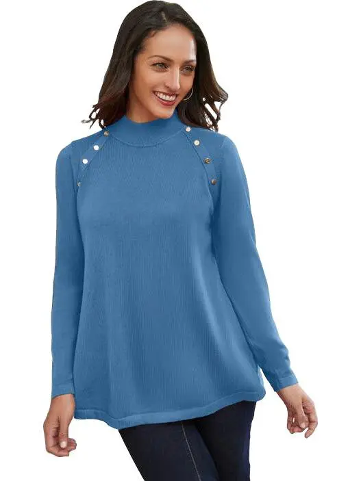 JESSICA LONDON Gold Button Mockneck Sweater - Dusty Indigo