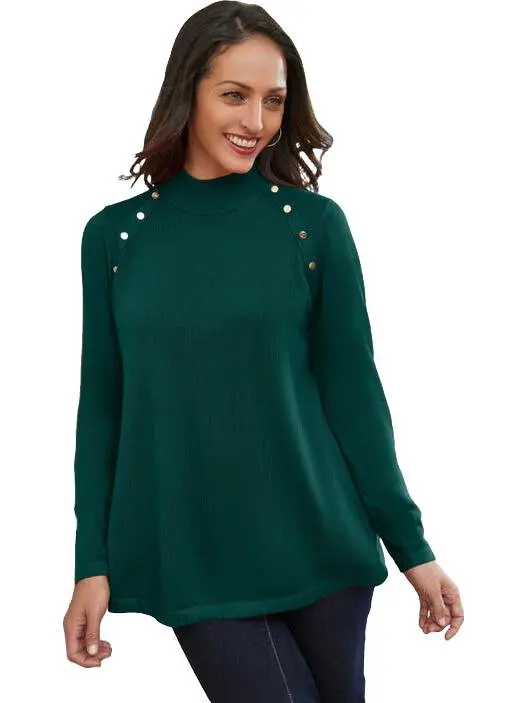 JESSICA LONDON Gold Button Mockneck Sweater - Emerald Green