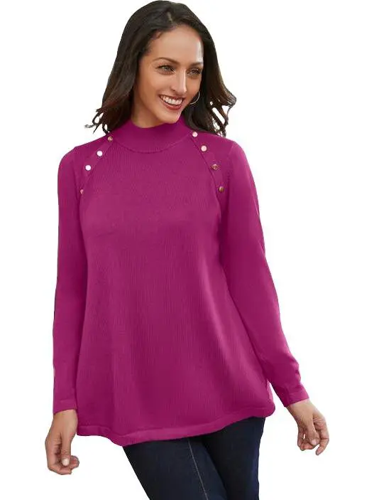 JESSICA LONDON Mockneck Sweater With Gold Button Detail - Raspberry