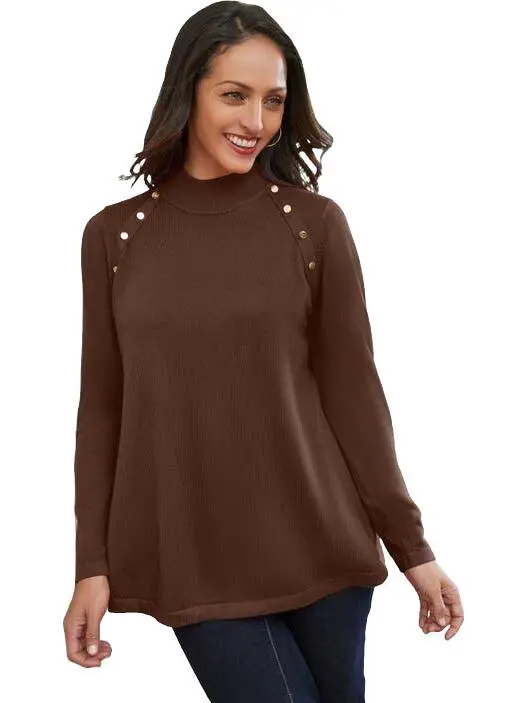 JESSICA LONDON Gold Button Mockneck Sweater - Rich Brown