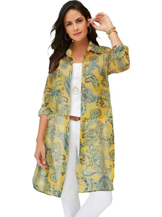 JESSICA LONDON Sheer Georgette Tunic - Yellow Playful Paisley
