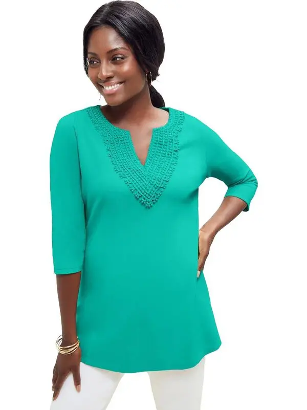 JESSICA LONDON Stretch Cotton Crochet Notch Neck Tunic - Aqua Sea