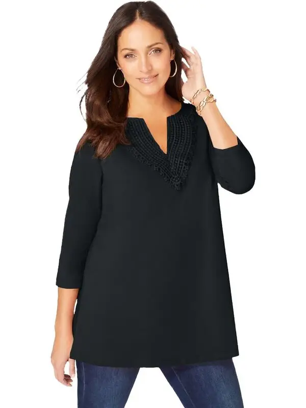 JESSICA LONDON Stretch Cotton Crochet Notch Neck Tunic - Black