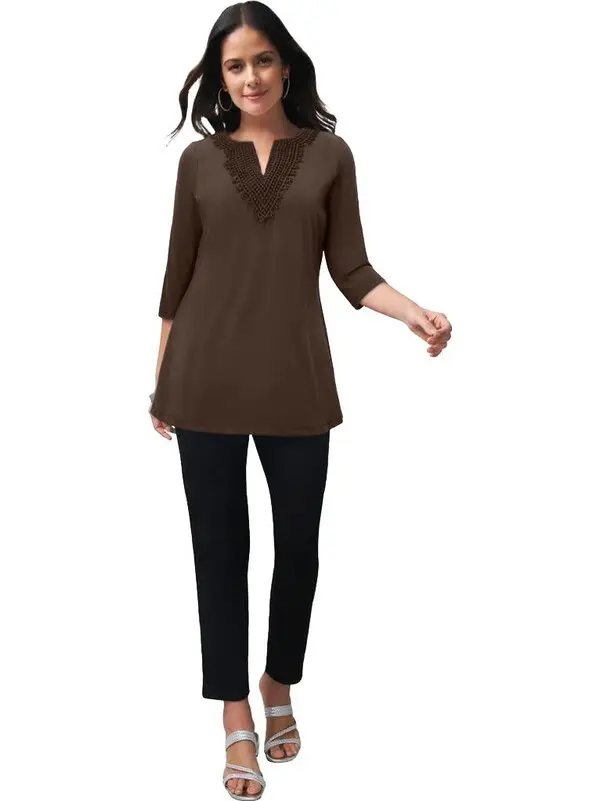 JESSICA LONDON Stretch Cotton Crochet Notch Neck Tunic - Chocolate
