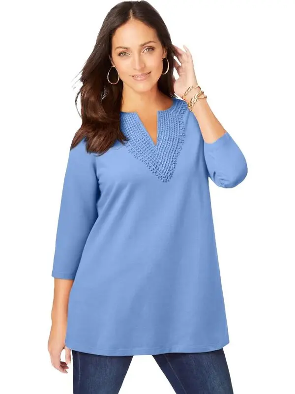 JESSICA LONDON Stretch Cotton Crochet Notch Neck Tunic - French Blue