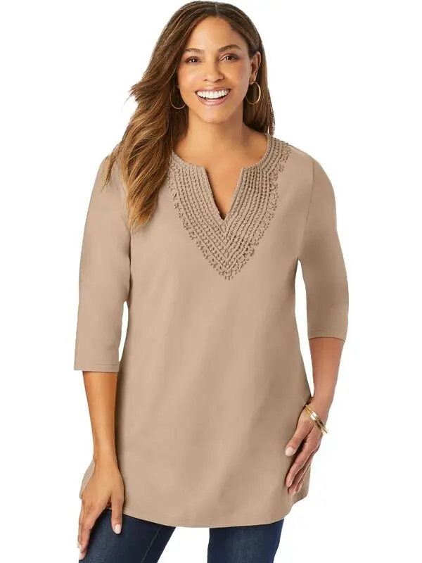 JESSICA LONDON Stretch Cotton Crochet Notch Neck Tunic - New Khaki