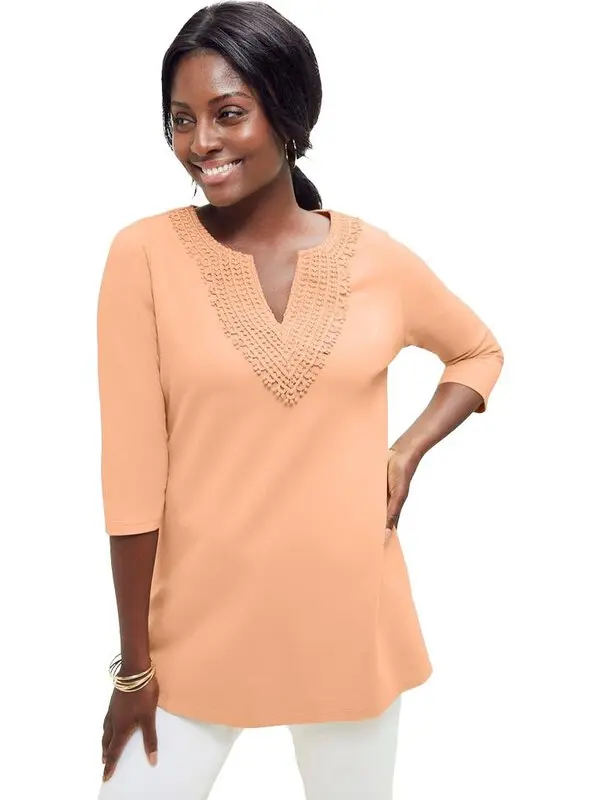 JESSICA LONDON Stretch Cotton Crochet Notch Neck Tunic - Peach Fuzz