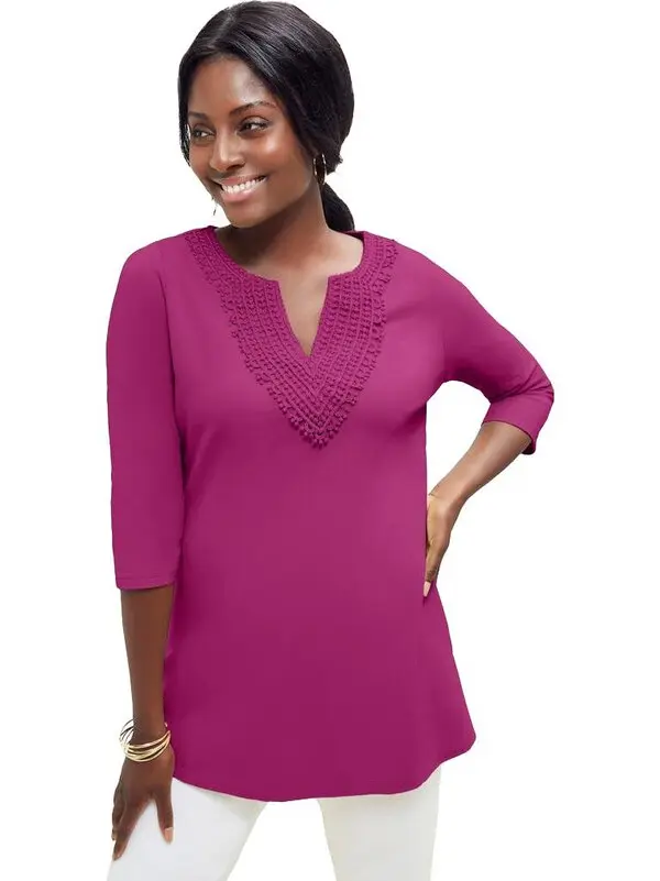 JESSICA LONDON Stretch Cotton Crochet Notch Neck Tunic - Raspberry