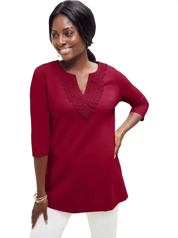 JESSICA LONDON Stretch Cotton Crochet Notch Neck Tunic - Rich Burgundy