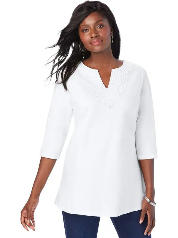 JESSICA LONDON Stretch Cotton Crochet Notch Neck Tunic - White Crochet