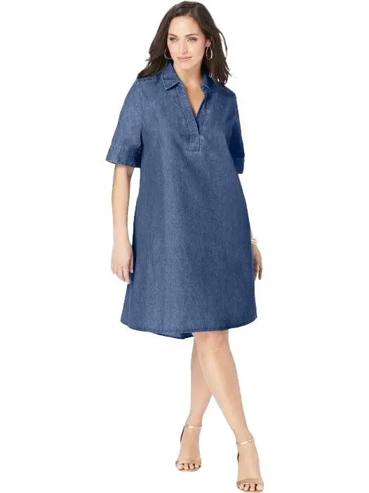 JESSICA LONDON Cuff Sleeve Denim Shirtdress - Medium Stonewash