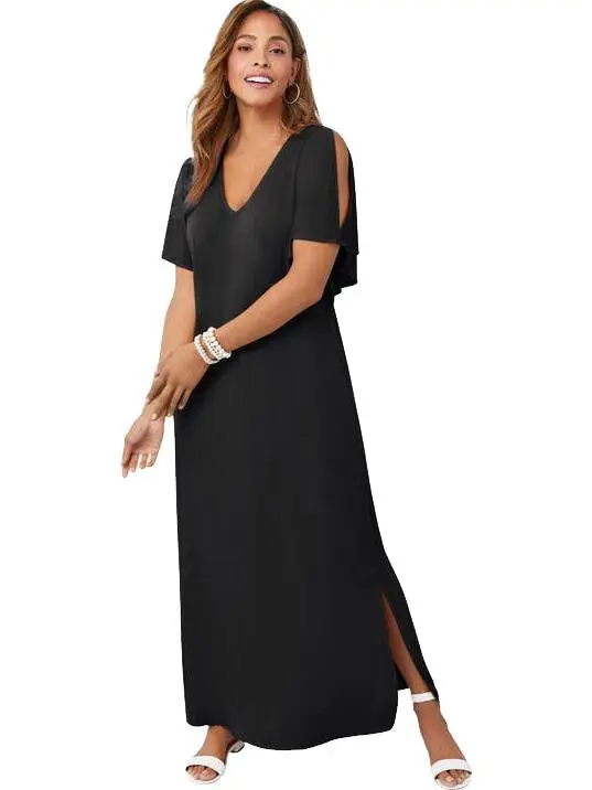 JESSICA LONDON Stretch Knit Cold Shoulder Maxi Dress - Black