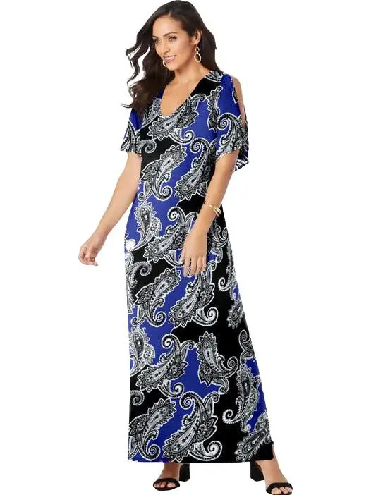 JESSICA LONDON Stretch Knit Cold Shoulder Maxi Dress - Blue Patched Paisley
