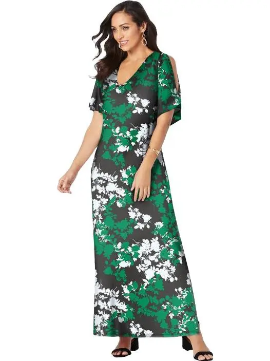 JESSICA LONDON Stretch Knit Cold Shoulder Maxi Dress - Kelly Green Graphic Floral