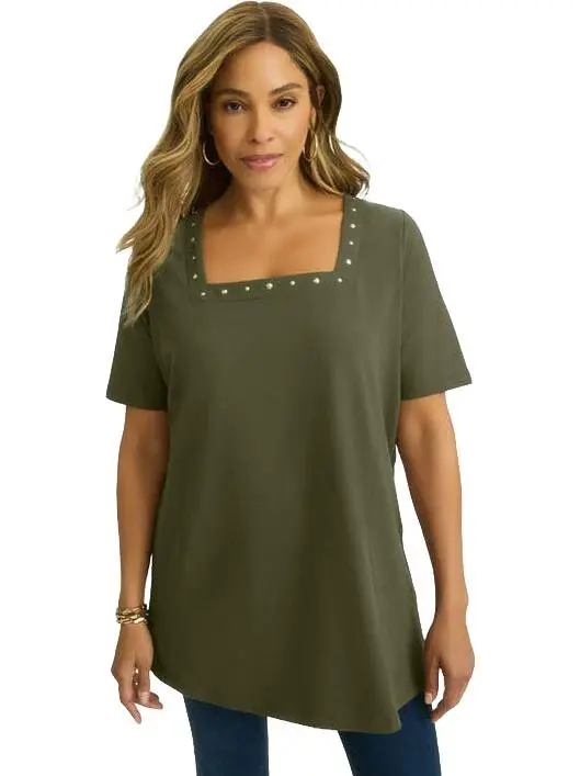 JESSICA LONDON Stretch Cotton Studded Square Neck Tunic - Dark Olive Green Gold Stud