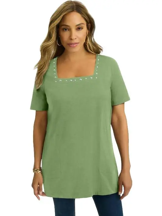 JESSICA LONDON Stretch Cotton Studded Square Neck Tunic - Green Silver Stud