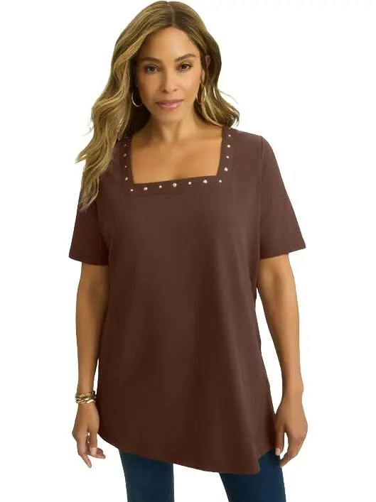 JESSICA LONDON Stretch Cotton Studded Square Neck Tunic - Rich Brown
