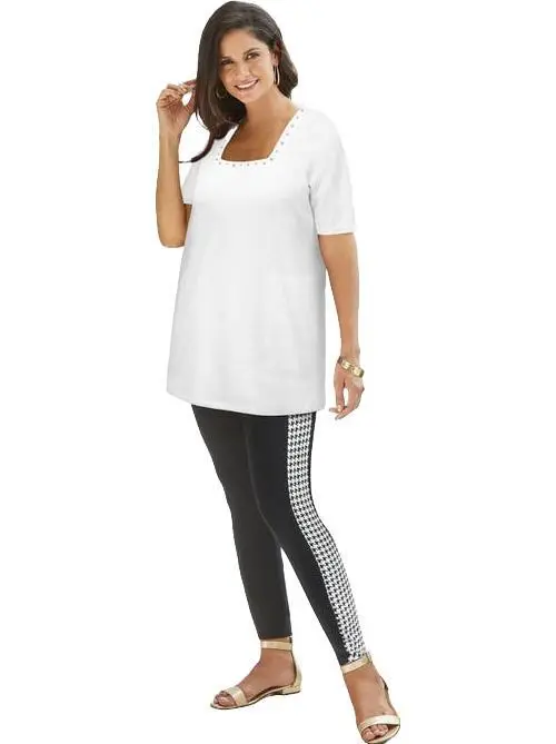 JESSICA LONDON Stretch Cotton Studded Square Neck Tunic - White Silver Stud
