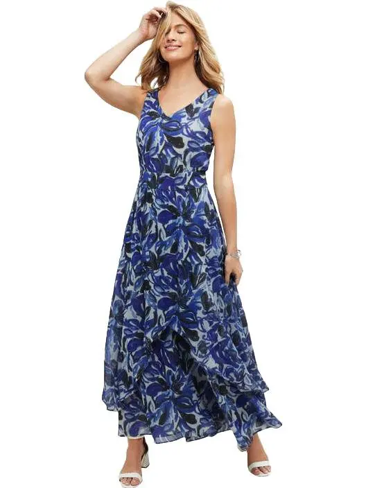 JESSICA LONDON Georgette Flyaway Maxi Dress - Azure Floral Watercolor