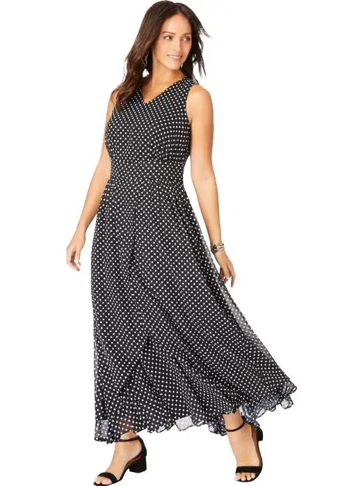 JESSICA LONDON Georgette Flyaway Maxi Dress - Black Polka Dot