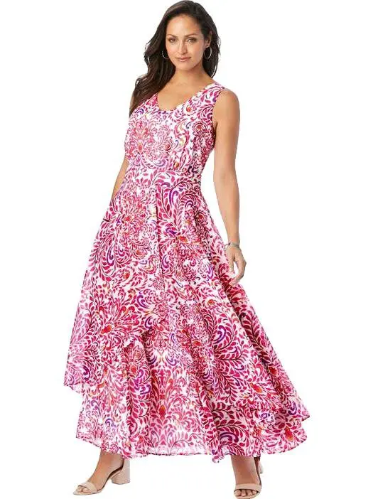 JESSICA LONDON Georgette Flyaway Maxi Dress - Pink Burst Painted Scroll