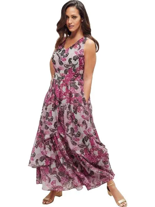 JESSICA LONDON Georgette Flyaway Maxi Dress - Pink Sketched Petals