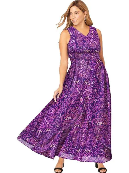 JESSICA LONDON Georgette Flyaway Maxi Dress - Purple Painted Scroll