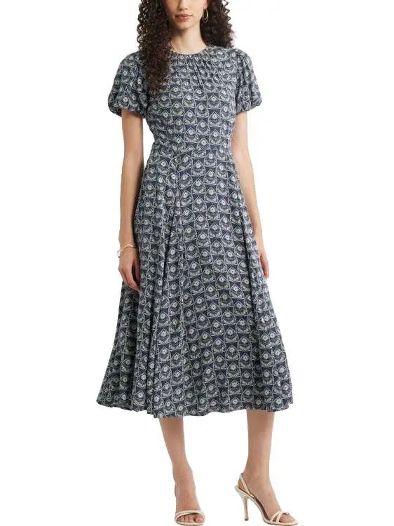 Chelsea28 Shirred Neck Puff Sleeve Midi Dress - Navy- Yellow Janelle Geo