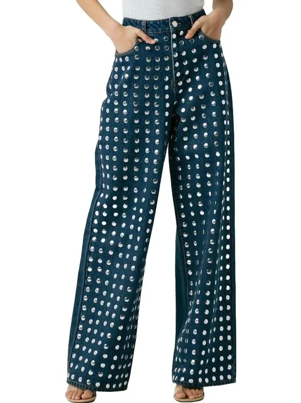 Blanknyc Franklin Studded High-waist Wide-leg Jeans - Silver Dreams