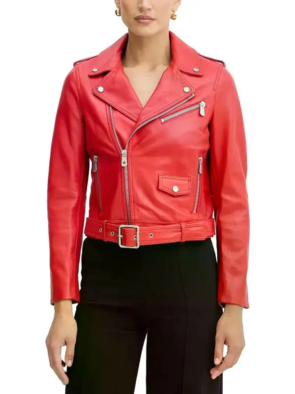 Pinko Belted Zip-front Leather Biker Jacket - Red