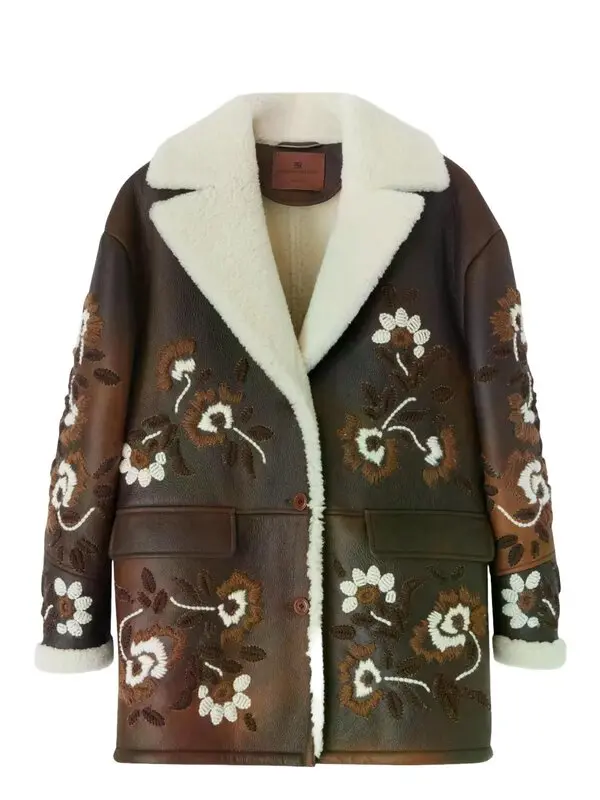 Ermanno Scervino Floral-embroidered Shearling Coat - Brown