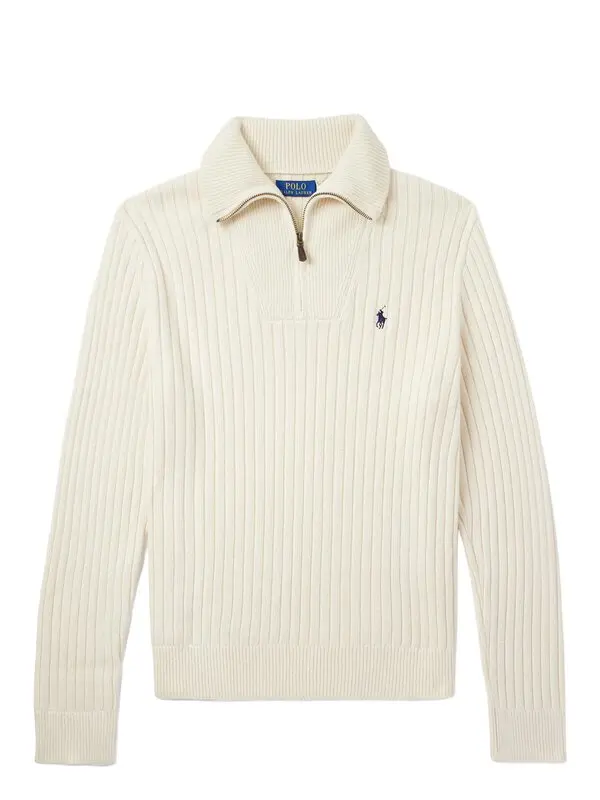 Ralph Lauren Logo-embroidered Wool And Cotton-blend Half-zip Sweater - Neutrals
