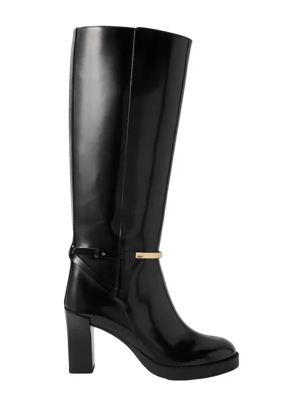 TOD'S Gomma Embellished Leather Knee Boots - Black