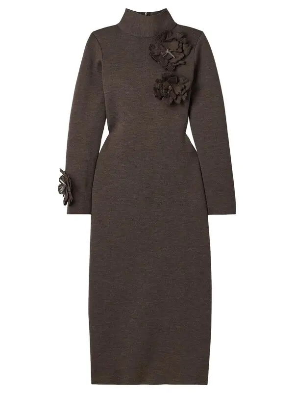 Oscar De La Renta Embellished Wool-blend Turtleneck Midi Dress - Brown