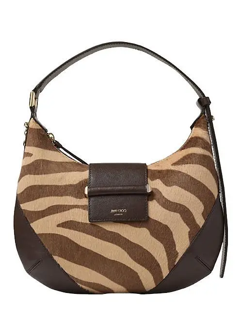JIMMY CHOO Zebra-print Pony-hair Leather Hobo Bag - Natural/choc/gold