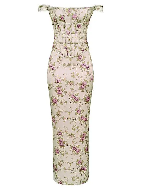 House Of Cb Isis Corseted Floral Print Maxi Dress - Vintage Cream Print