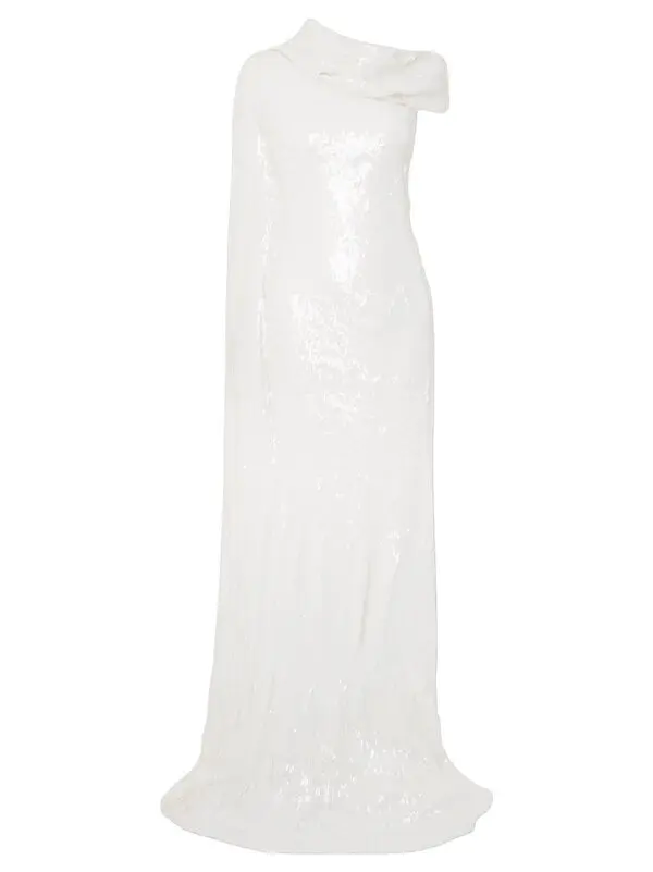 MARMAR HALIM One-shoulder Cape-effect Draped Sequined Gown - Off-white
