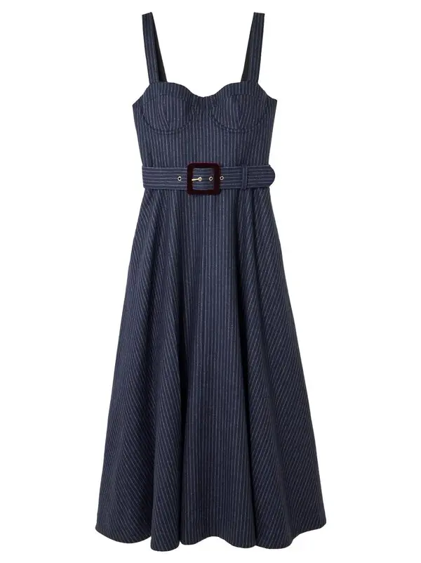Cara Cara Calypso Belted Shirred Pinstriped Wool-blend Midi Dress - Blue