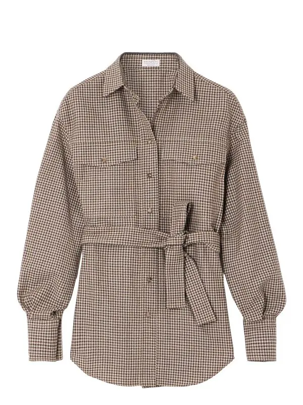 Brunello Cucinelli Belted Checked Wool Shirt - Neutrals